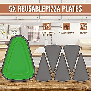 ASELUX Pizza Storage Container Collapsible - 5 Pcs Heating Tray Pizza Knife, Shovel Pizza Slice Set Organizing, Pizza Plates, Silicone Pizza Box (Green)