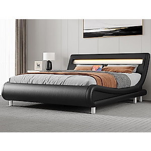 YITAHOME Queen Bed Frame,Upholstered Led Bed Frame with Lights & Storage Charging Station,Platform Bed Frame with Premium Pu Leather/No Box Spring Needed,Obsidian Black