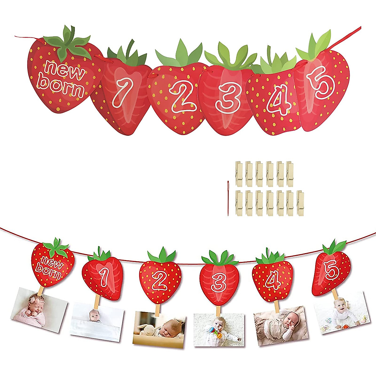 Strawberry Monthly Photo Banner - Sweet Berry 1st Birthday Monthly Banner Baby Girl 12 Month Photo Display Milestone Photograph Bunting Garland for Strawberry First Birthday Party,Baby Shower,Berry