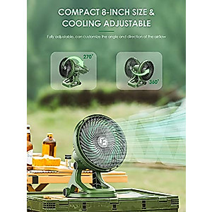 Portable Camping Fan - 12000mAh 8-inch Clip on Fan with Colossal Clamp - Rechargeable Fan with LED & Remote - Golf Cart Fan for Outdoor, Travel, Workshop, Hurricane Emergency (Green)