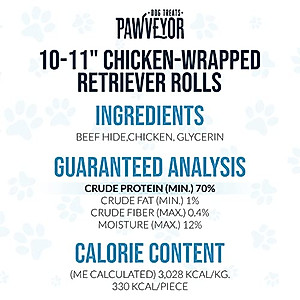 Pawveyor 10-11" USA-Sourced Chicken Wrapped Rawhide Retriever Rolls for Large Dogs - 20 Thick Long Lasting Dog Chews for Aggressive Chewers - All-Natural Chicken Wrapped Dog Treats for Large Dogs
