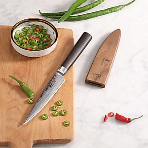 Cangshan HAKU Series 5-Inch Serrated Utility Knife with Sheath, Forged X-7 Damascus Steel, 501080