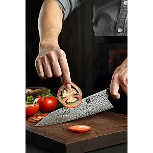 XINZUO 8.5 inch Chef Knife Damascus Steel Hand Forged Kiritsuke Kitchen Knife, Professional Gyuto Knife-Desert Ironwood Handle with Black Walnut Wooden Sheath and Acacia Wooden Box