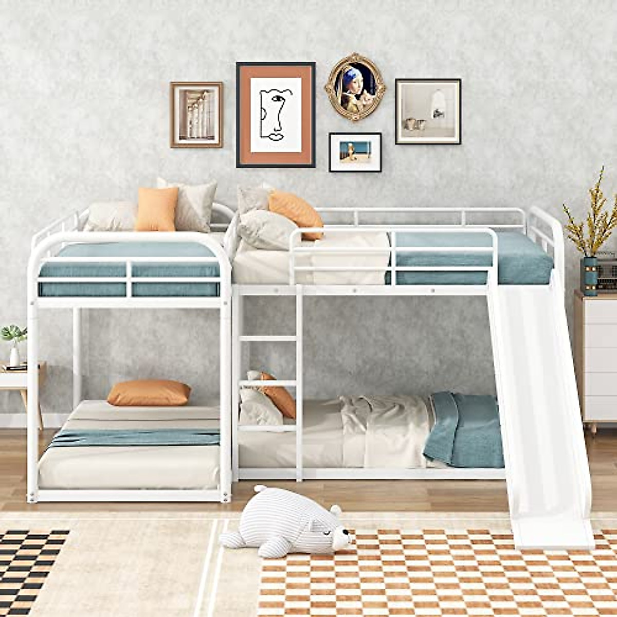 HHOK L Shaped Bunk Bed for 4, Bunk Bed with Slide, Heavy-Duty Metal Floor Bunk Bed Frame Full and Twin Size for Kids Teens Girls Boys