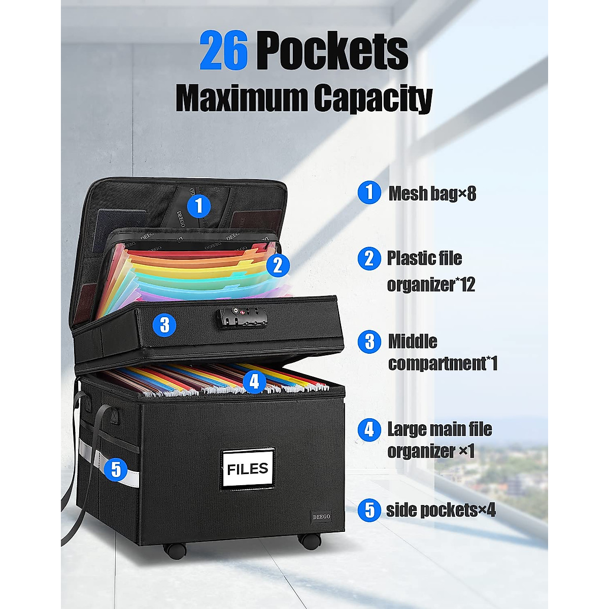 DEEGO Rolling File Box, Fireproof Document Box with Wheels Multi-Layer Water-Resistant File Organizer Portable file Cabinet Document Safe filing box for Home Office for Hanging Letter/Legal Folder