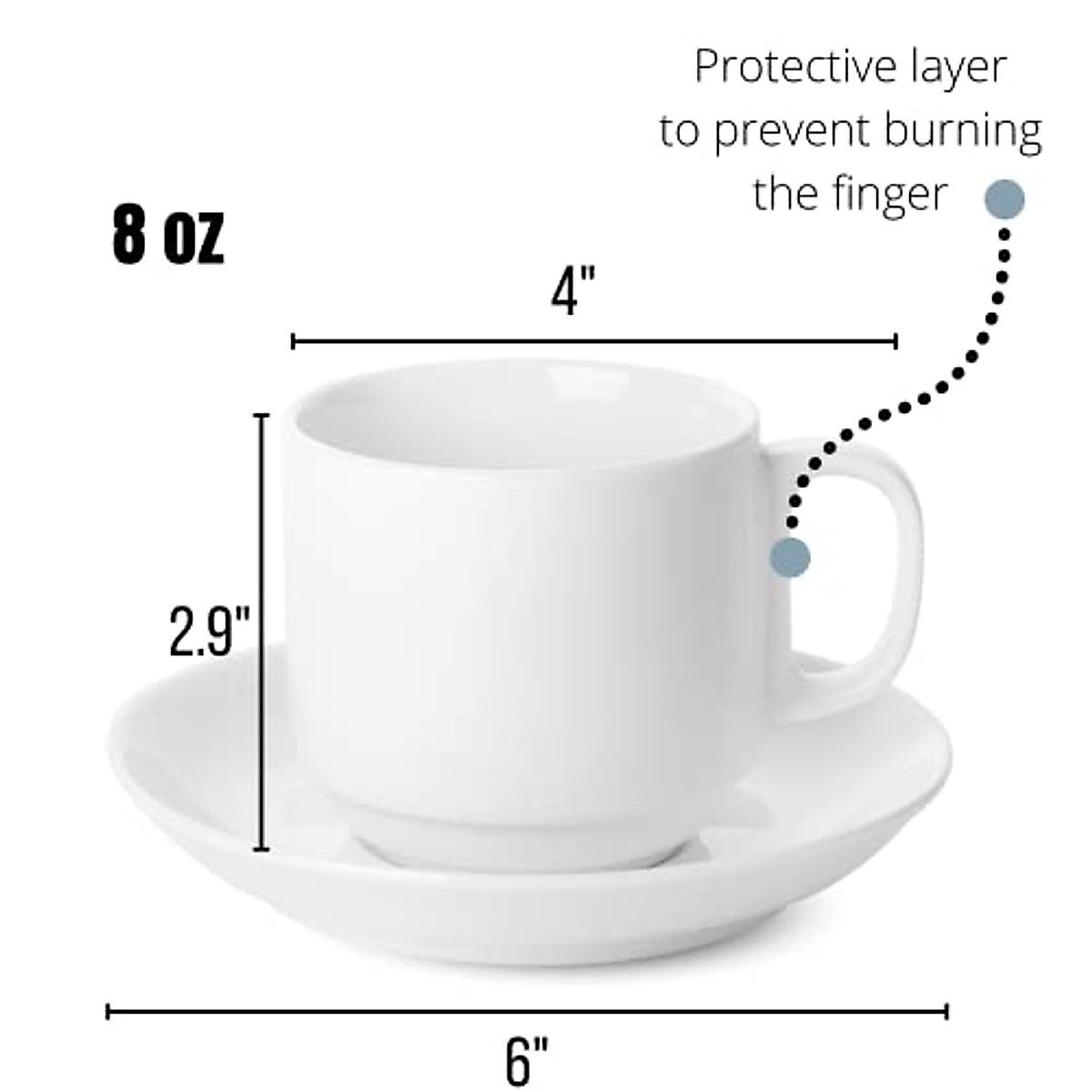 BTaT- Stackable Tea Cups and Saucers, White, Set of 6 (8 oz), Cappuccino Cups, Coffee Cups, White Tea Cup Set, British Coffee Cups, Porcelain Tea Set, Latte Cups