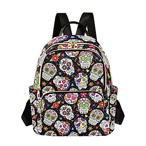 Yasala Halloween Women Backpack Sugar Skull Floral Heart Travel Bag Compact Daily Bag Diaper Bag