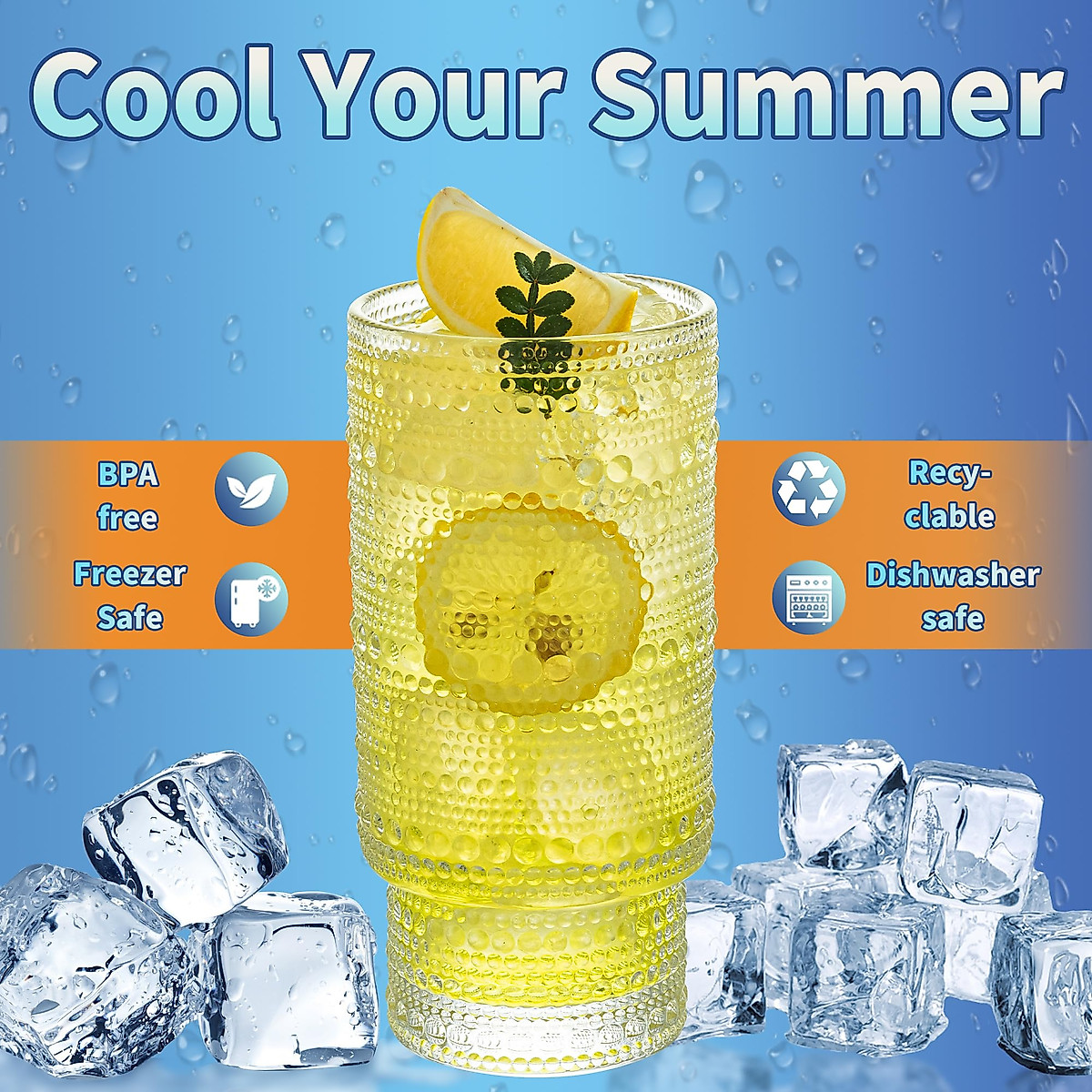 KEMORELA Elegant Highball Glassware Set - 16oz XL Glasses - Mixed Drinks, Iced Coffee, Beer, Juice, Water - Hobnail, Beaded Designs - Set of 4 | Stylish Collection for Any Occasion