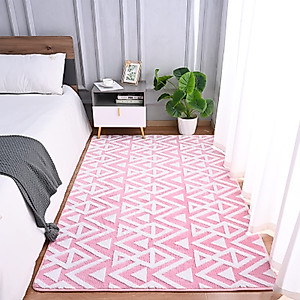 Ompaa Ultra Soft Shaggy Rugs Memory Foam Bedroom Carpet, Pink 3 x 5 Feet, Plush Geometric Textured Area Rugs for Living Room Couch Dorm Bedside Kids Girls Teens Room Nursery Decor Floor Mat