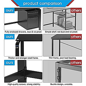 Pataku L Shaped Home Office Desk, Corner Computer Desk Modern Study Writing Table with 2 Drawers, Tempered Glass Desktop, Metal Frame, Black