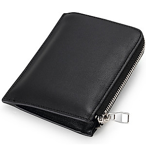 HISCOW Metal Zipper Slim Sector Wallet with 2 Card Slots - Italian Calfskin (Black)