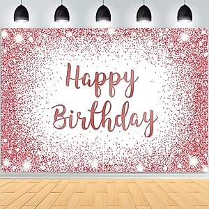 ASOONYUM 7x5ft Happy Birthday Backdrop Pink Rose Gold Glitter Birthday Photo Backdrops for Women Young Girl Golden Sweet 16th 21st 40th Birthday Photography Background