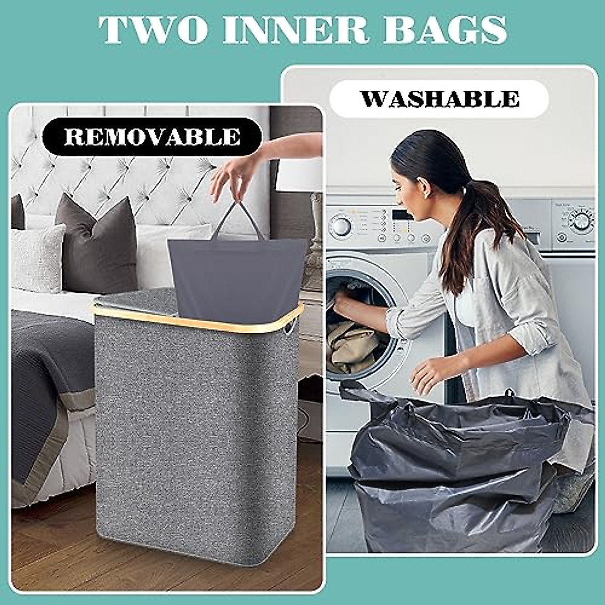 Double Laundry Hamper with Lid, Hampers for Laundry 2 Compartment Divided Laundry Hamper with 2 Removable Bags, Laundry Basket 2 Section Foldable Clothes Basket with Handles,130L