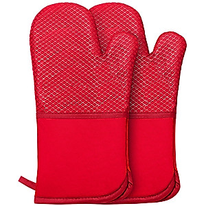 Oven Mitts, Heat Resistant Kitchen Oven Gloves 572°F, Non-Slip Silicone Surface, Extra Long Flexible Thick Mitts for Kitchen, Cooking, Baking, BBQ, Grid Red