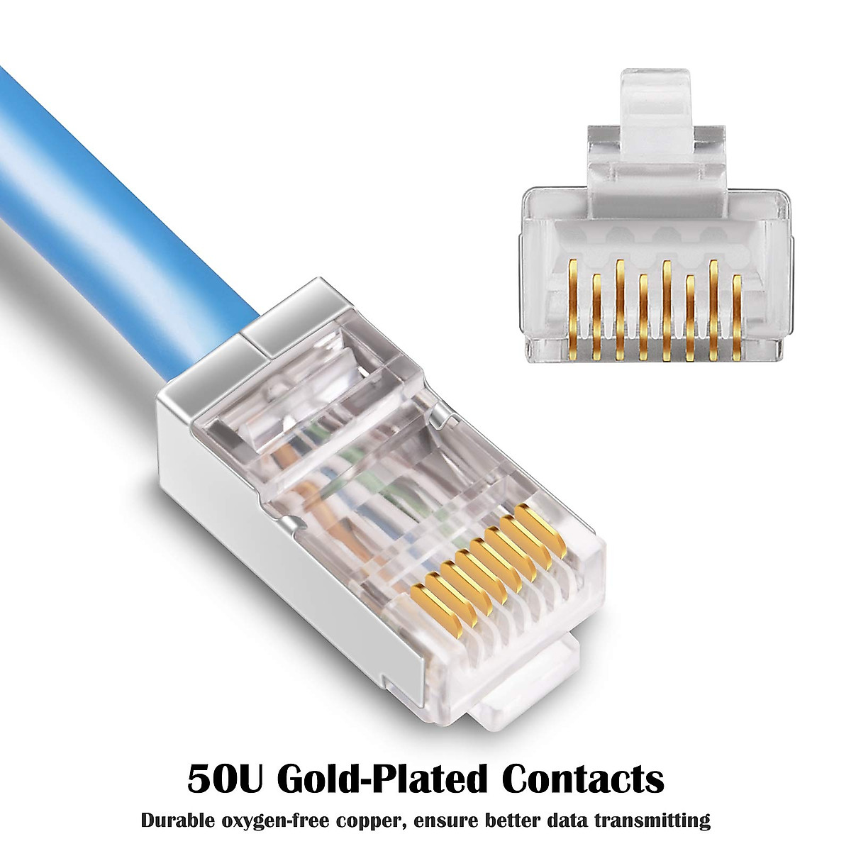 iGreely Shielded Cat6 RJ45 Connectors 50 Pack Gold Plated RJ45 Cat6/Cat5E/Cat5 8P8C 50 Micron 50u 3 Prong FTP STP Ethernet Cable Crimp Modular Plug