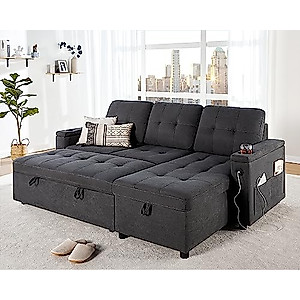 VanAcc Sofa Bed, Modern Tufted Convertible Sleeper Sofa, USB Charging Ports & Cup Holders, Pull Out Couch Bed with Storage Chaise, Chenille Couches for Living Room (Dark Grey)