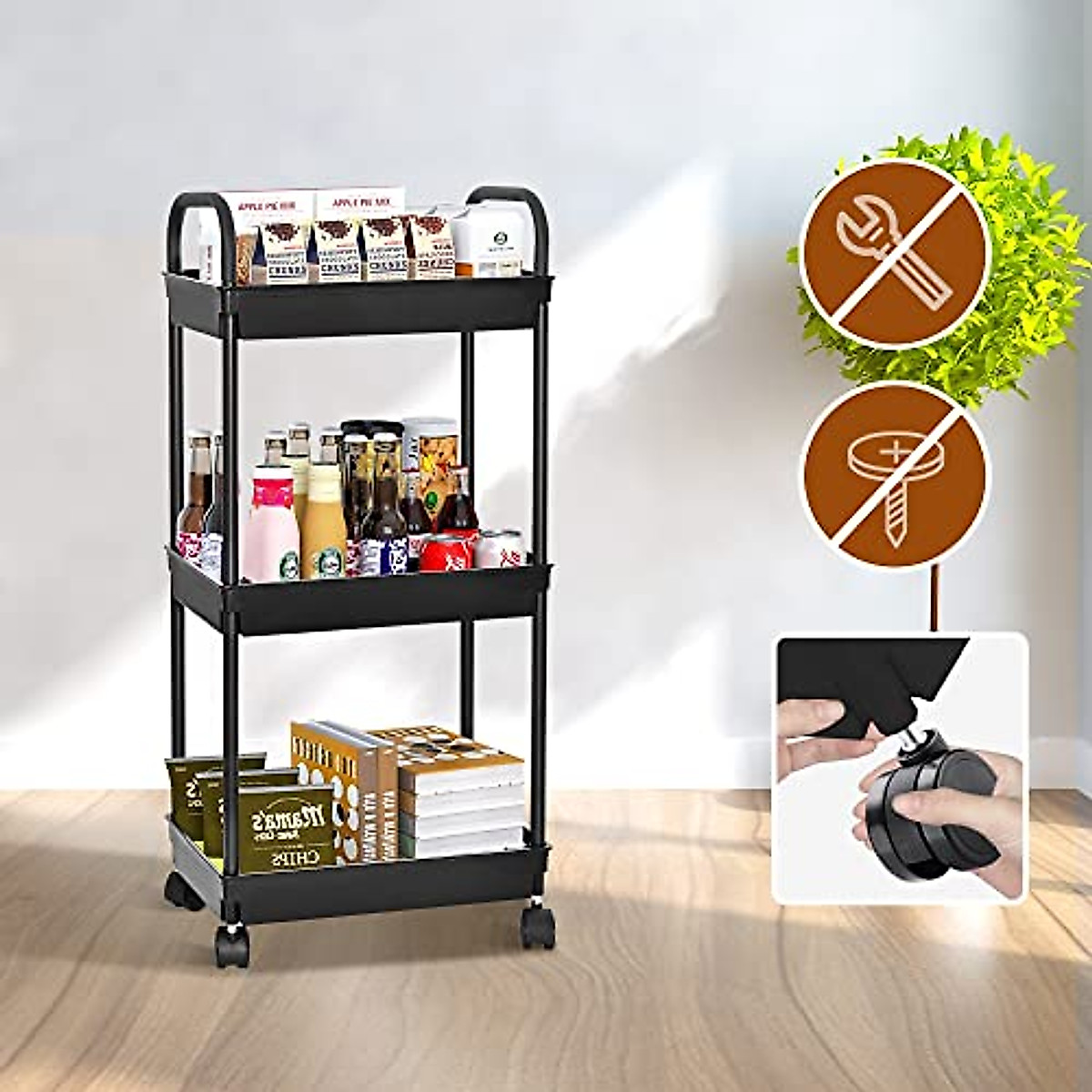 WASJOYE 3-Tier Plastic Rolling Utility Cart with Handle, Black Home Kitchen Office Storage Trolley Cart with Wheels (14 * 8.9 * 33.5 Inch)