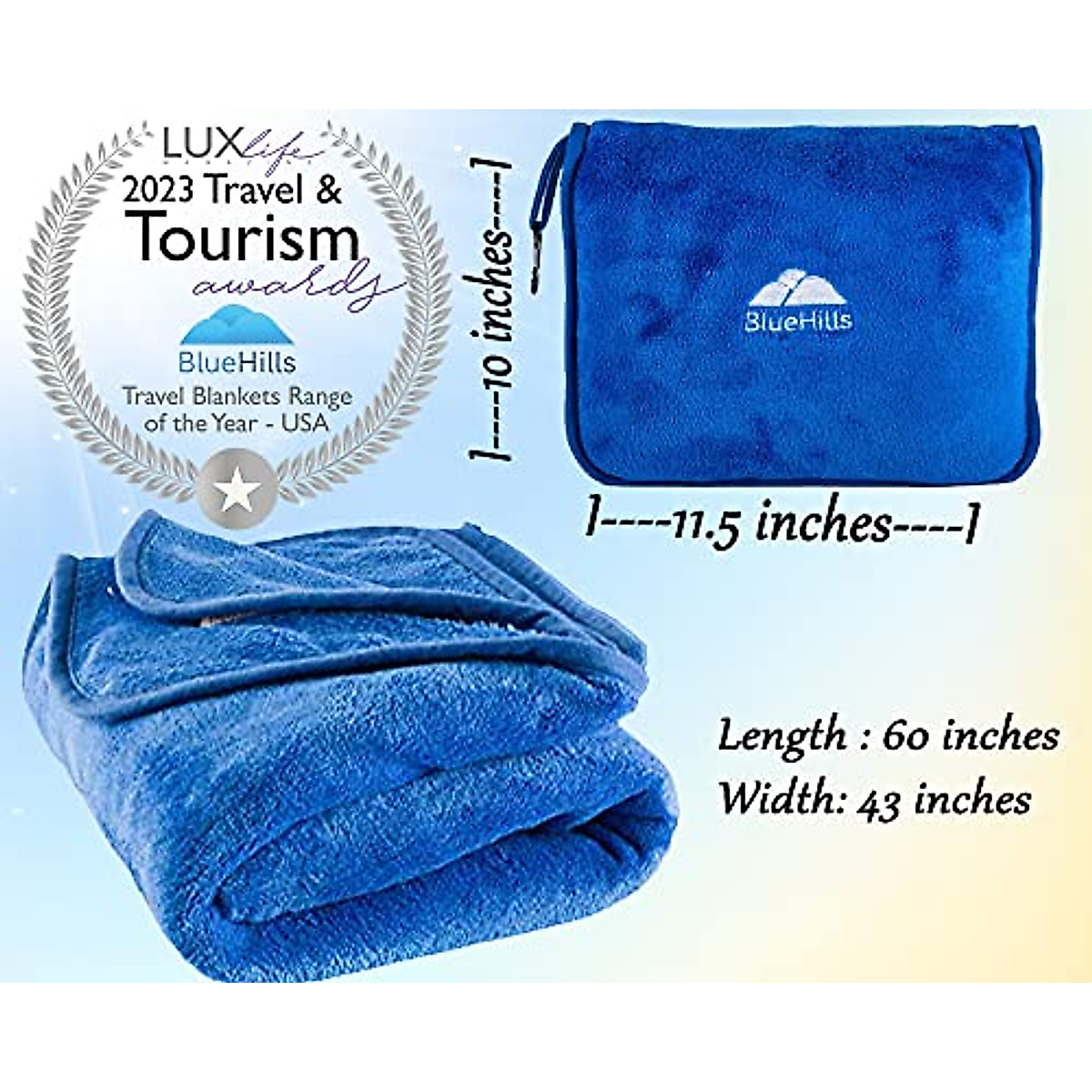 BlueHills Premium Soft Travel Blanket Pillow Airplane Blanket Packed in Soft Bag Pillowcase with Hand Luggage Belt and Backpack Clip, Compact Pack Large Blanket for Any Travel (Royal Blue T003)