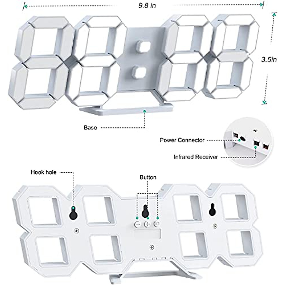 Led Digital Alarm, 3D Wall Clock Desk Auto Dimming 12/24 Hour Date Temperature Home Decor Remote Control Silent Snooze USB Nightlight Bedroom Living Room Kitchen Office 9.7inch Cool White