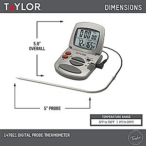 Taylor Programmable with Timer Instant Read Wired Probe Digital, Meat, Food, Grill BBQ Cooking Kitchen Thermometer, Stainless Steel