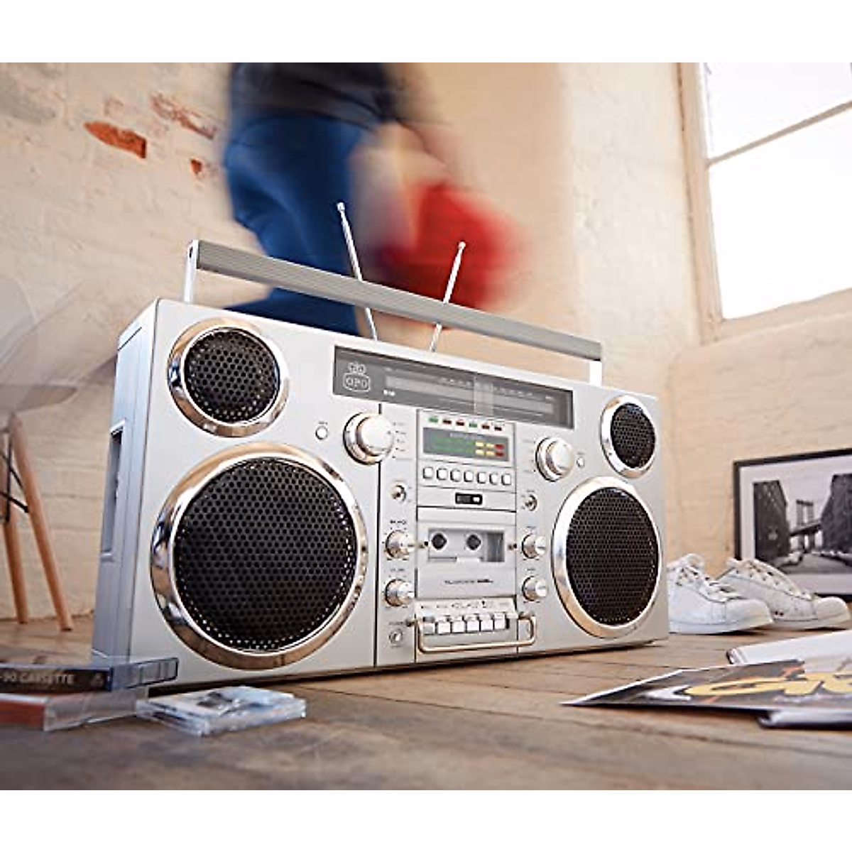 GPO Brooklyn 1980S-Style Portable Boombox - CD Player, Cassette Player, FM Radio, USB, Wireless Bluetooth Speaker - Silver