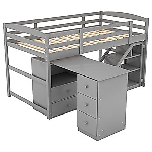 ERDAYE Twin Size Wooden Loft Bed Frame with Multifunctional Movable Built-in Desk, 5 Drawers and Staircase Bring Storage Shelf for Bedroom Guest Room Furniture, Gray