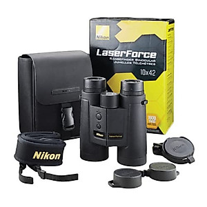 Nikon 10x42 LaserForce Rangefinder Binoculars Bundle with Binocular Harness Strap, 79-Inch Photo and Video Monopod Lenspen Cleaning System (4 Items)