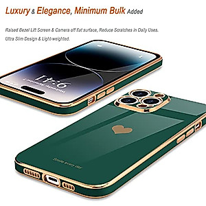Teageo iPhone 14 Pro Case - Luxury Love Heart Design, Bling Back Cover, Camera Protection, Shockproof, Blackish Green
