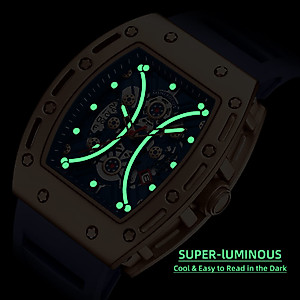 Mini Focus Unique Men Watch Tonneau Casual Wrist Watch (Hollow/Waterproof/Super Luminous/Calendar) Soft Silicon Band Fashion Cool Watch for Men