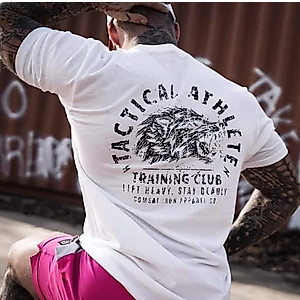 Combat Iron Men's Graphic Short Sleeve T-Shirt | Tactical Athlete Training Club Wolf Edition Mens Novelty Tee | White, X-Large