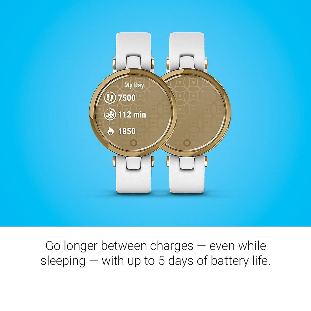 Garmin Lily™, Small Smartwatch with Touchscreen and Patterned Lens, Light Gold with White Leather Band