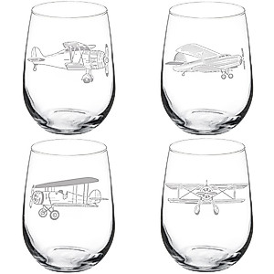 MIP Set of 4 Wine Glass Goblet Aviation Airplanes (17 oz Stemless)
