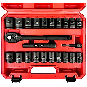 WETT 1/2-Inch Drive Socket Wrench Set, 23 Piece Impact Socket Sets, Shallow SAE/Metric, 13mm-24mm, 7/16"-1", 72 Teeth Quick Release Ratchet, Adapter and Extension Bar