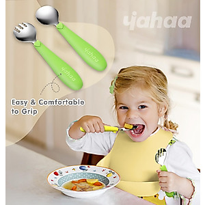 Toddler Utensils with Silicone Handle,6 pcs Kids Silverware Set,Baby Forks and Spoons for Self-Feeding,Green Yellow Navy