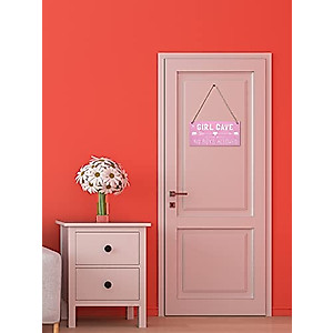 Utuichuo Girl Cave Sign Girls Bedroom Decorations, Hanging Wooden Door Sign for Teen Girl Kids Bedroom Living Room Wall Decor, No Boys Allowed Sign