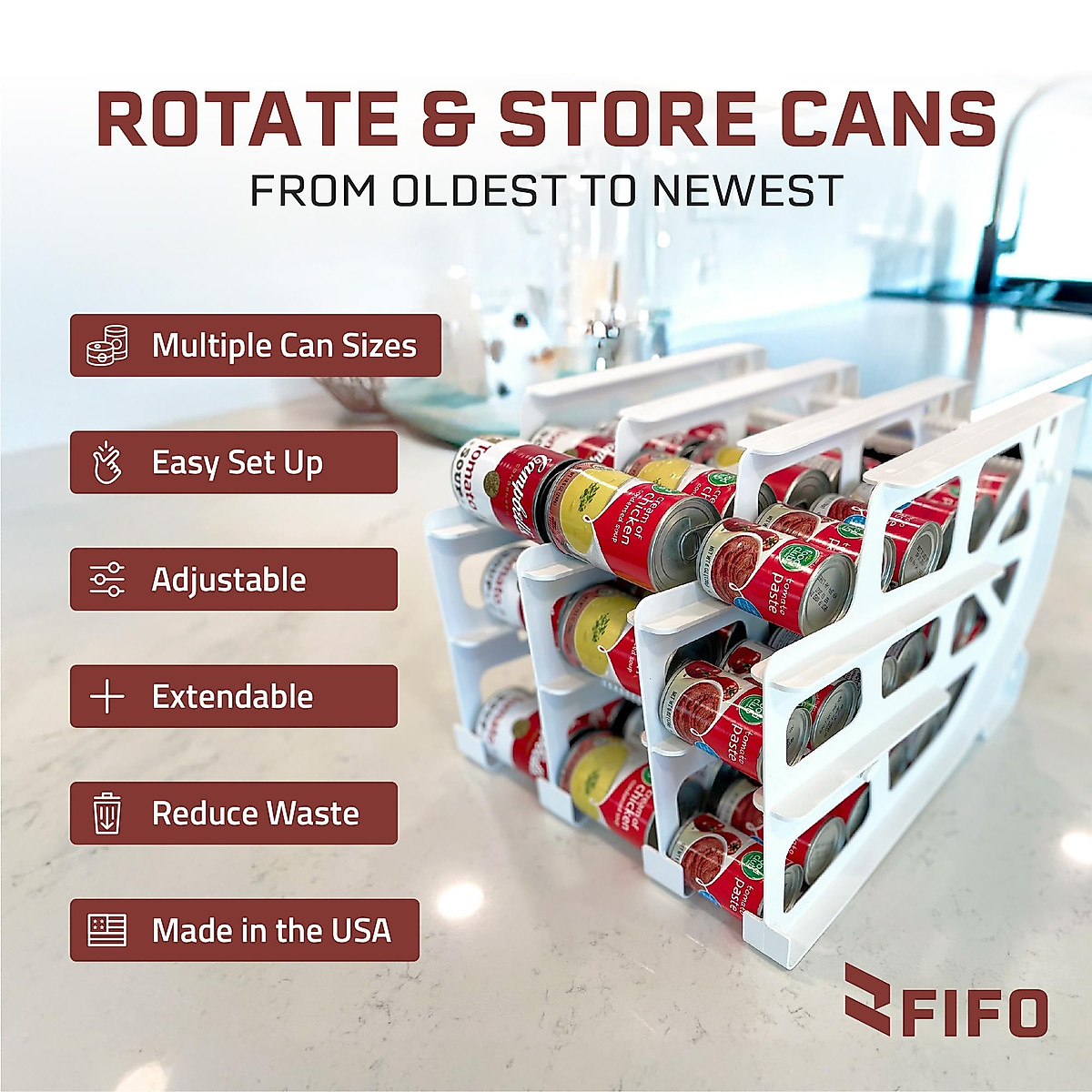 FIFO Can Tracker Stores 54 cans | Rotates First in First Out | Canned Goods Organizer for Cupboard, Pantry and Cabinet | Food Storage | Organize Your Kitchen | Made in USA