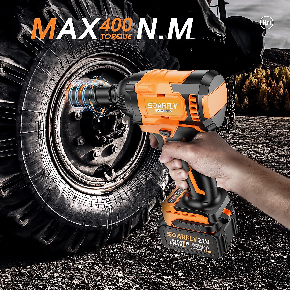 SoarFly Impact Wrench, 1/2" Impact Gun, 400N.M (300Ft-lbs) Brushless Motor Power Impact Driver, Cordless Electric Impact Wrench with 4.0Ah Battery, 1 Fast Charger, 6PCS Sockets, 1 Extension Bar