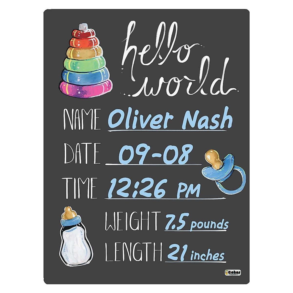 Cohas Hello World Newborn Baby Announcement Chalkboard Sign with Basic Design Theme, 9 by 12 Inches, Blue Marker