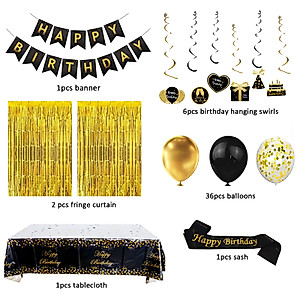 Black and Gold Birthday Decorations Black Gold Balloons Party Supplies with Banner Hanging Swirls Curtains Tablecloth Cake Toppers for Men Women Gold Black Birthday Father's Day Party Decorations