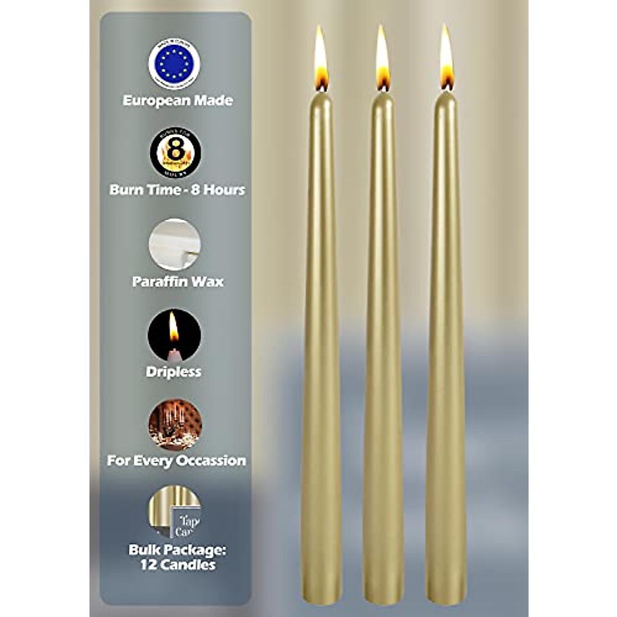 Hyoola Tall Metallic Cream Gold Taper Candles - 10 Inch - Dripless - 12 Pack - 8 Hour Burn Time