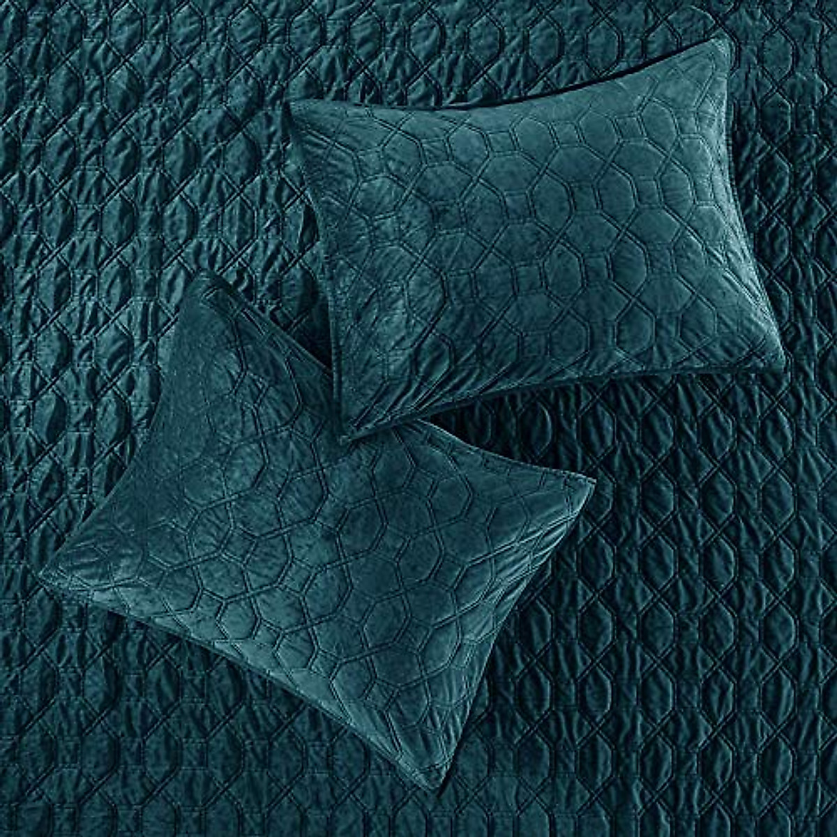 Madison Park Harper Quilt Set-Faux Velvet Casual Geometric Stitching Design All Season, Lightweight Coverlet, Cozy Bedding, Matching Shams, King/Cal King(104"x94"), Teal 3 Piece
