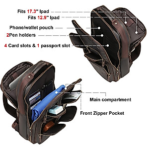 UBANT Leather Backpack For Men,17.3" Laptop Backpack Large Capacity Multi Pockets Casual Travel Business Office Work Bag School Camping Weekend Daypack Outdoor Sports Rucksack