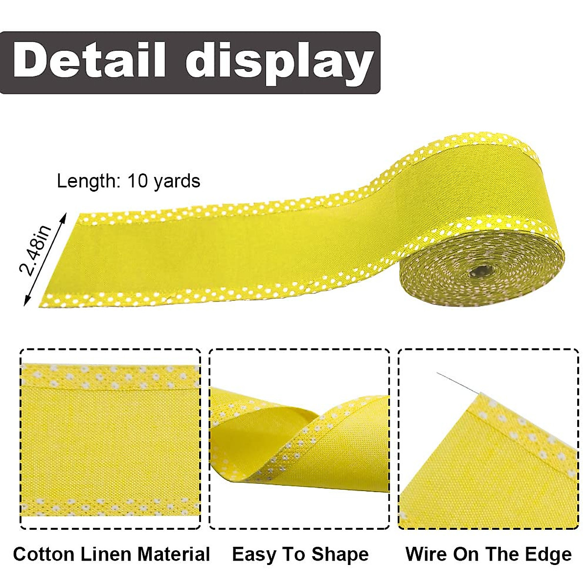 Yellow Wired Edge Ribbons 2.5" 10 Yards, Spring Solid Wired Edge Decoration Fabric Craft Burlap Wrapping Ribbon for Holiday Party Wrapping DIY Craft Wedding Decoration Wreaths Bow
