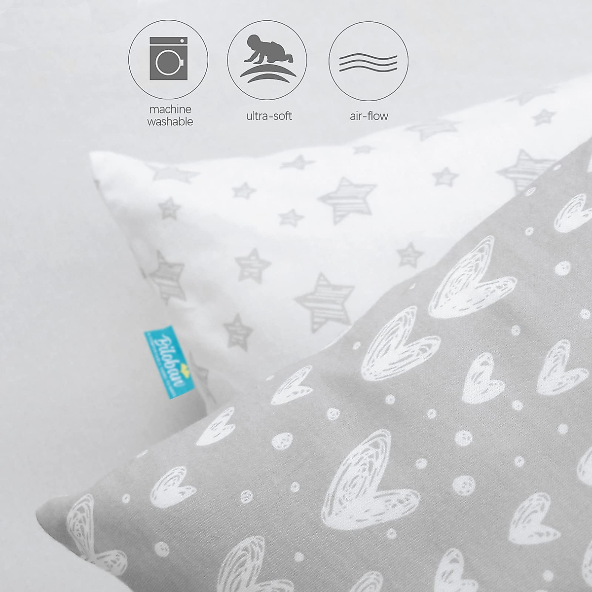 Biloban Organic Cotton Youth Pillowcase 2 Pack, (Pillowcase Only) Kids Pillowcase for Sleeping Fit Pillow Sized 16" x22“, Envelope Travel Pillowcase for Girl Boy, Gray Heart & White Star
