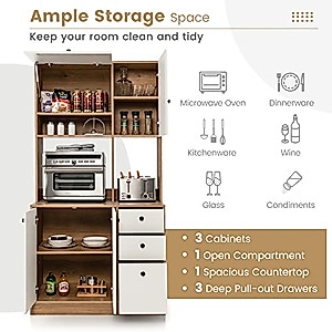 Giantex Kitchen Pantry, Buffet Hutch with 3 Storage Cabinet, 71'' Floor Large Cupboard with 3 Deep Drawers, Wide Countertop, Adjustable Shelves, Tall Sideboard (White & Natural)