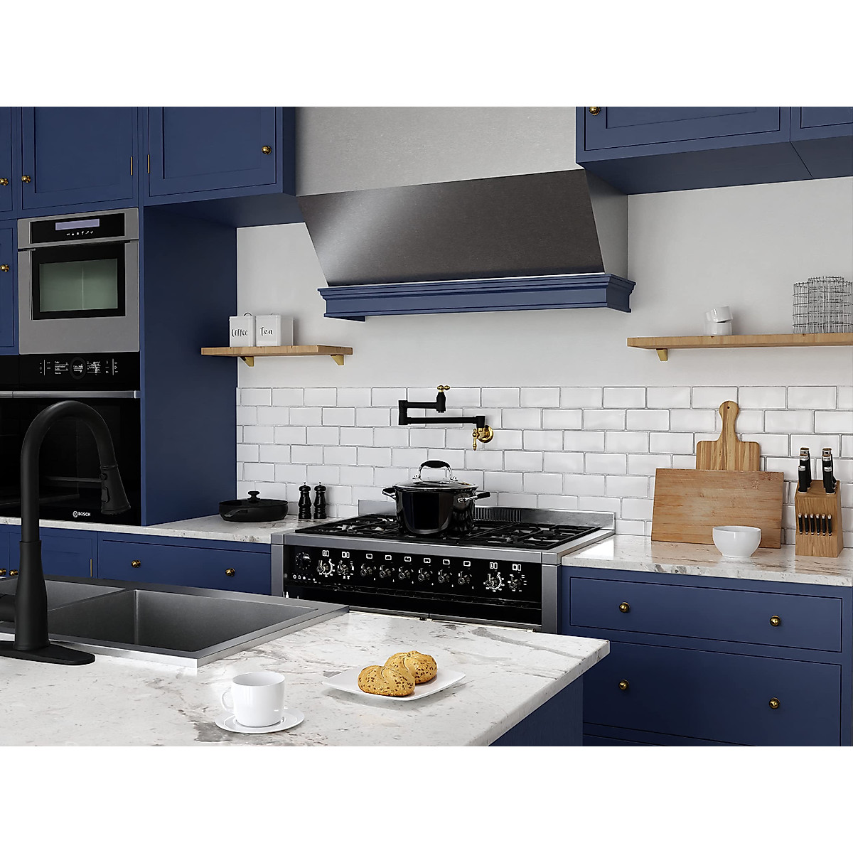 Anzzi Wall Mount Pot Filler Faucet, Double Joint Swing Arms, Single Hole, Solid Brass Interior, Stainless Steel Finish, Matte Black & Brushed Gold, 2 Handle (KF-AZ259MBBG)