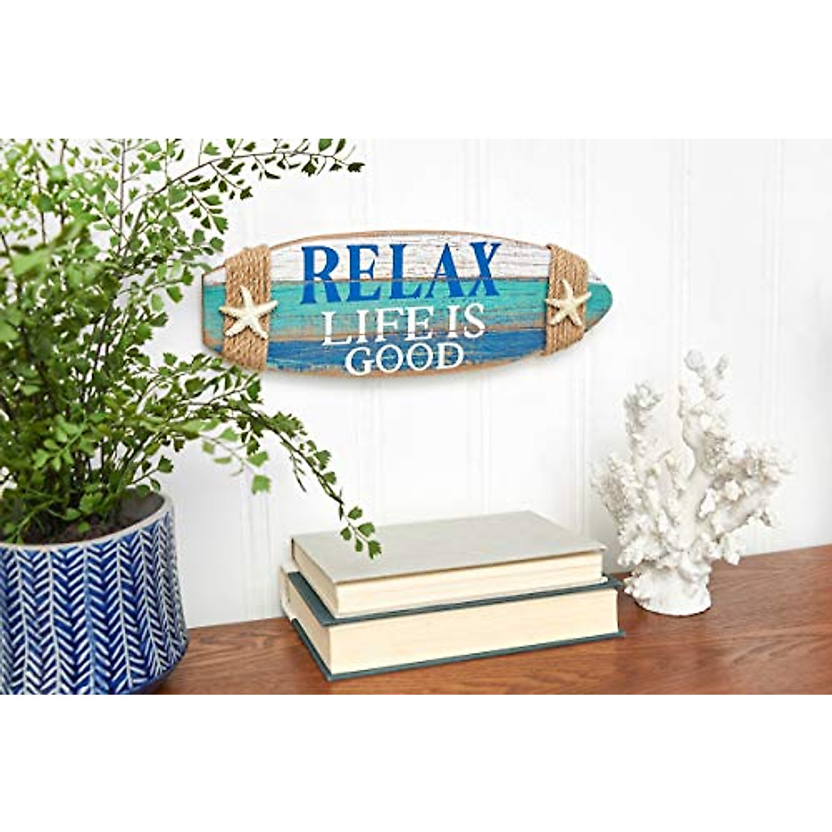 Beachcombers Relax Life is Good Surfboard Shape Coastal Plaque Wall Sign with Starfish Wall Hanging Decor Decoration for The Beach Blue