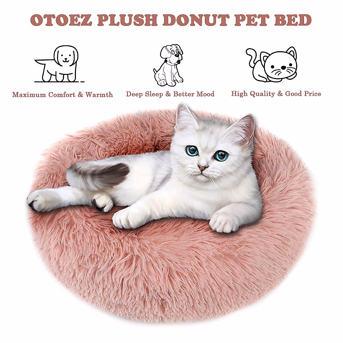 otoez Kitten Puppy Bed Extra Small XS Round Dog Cat Beds Anti Anxiety Plush Pet Calming Donut Bed with Non-Slip Waterproof Bottom, Washable (15.7", Pink)