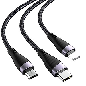 KuGinMa Charging Cable,【2Pack 4FT】 3 in 1 Charging Cable Multiple USB Cord Nylon Braided Charger,Compatible with IP/Type-C/Micro-USB BLACK