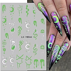 JMEOWIO 9 Sheets Halloween Glow in The Dark Nail Art Stickers Decals Self-Adhesive Pegatinas Uñas Lumious Skull Ghost Spider Web Bat Pumpkin Nail Supplies Nail Art Design Decoration Accessories